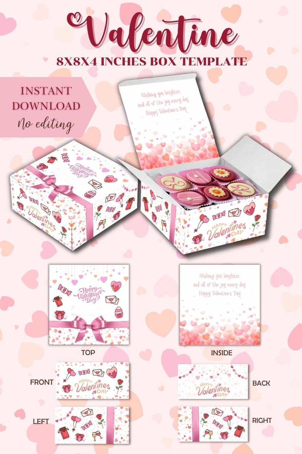 Valentine Treat Box Template - 8x8x4 inches