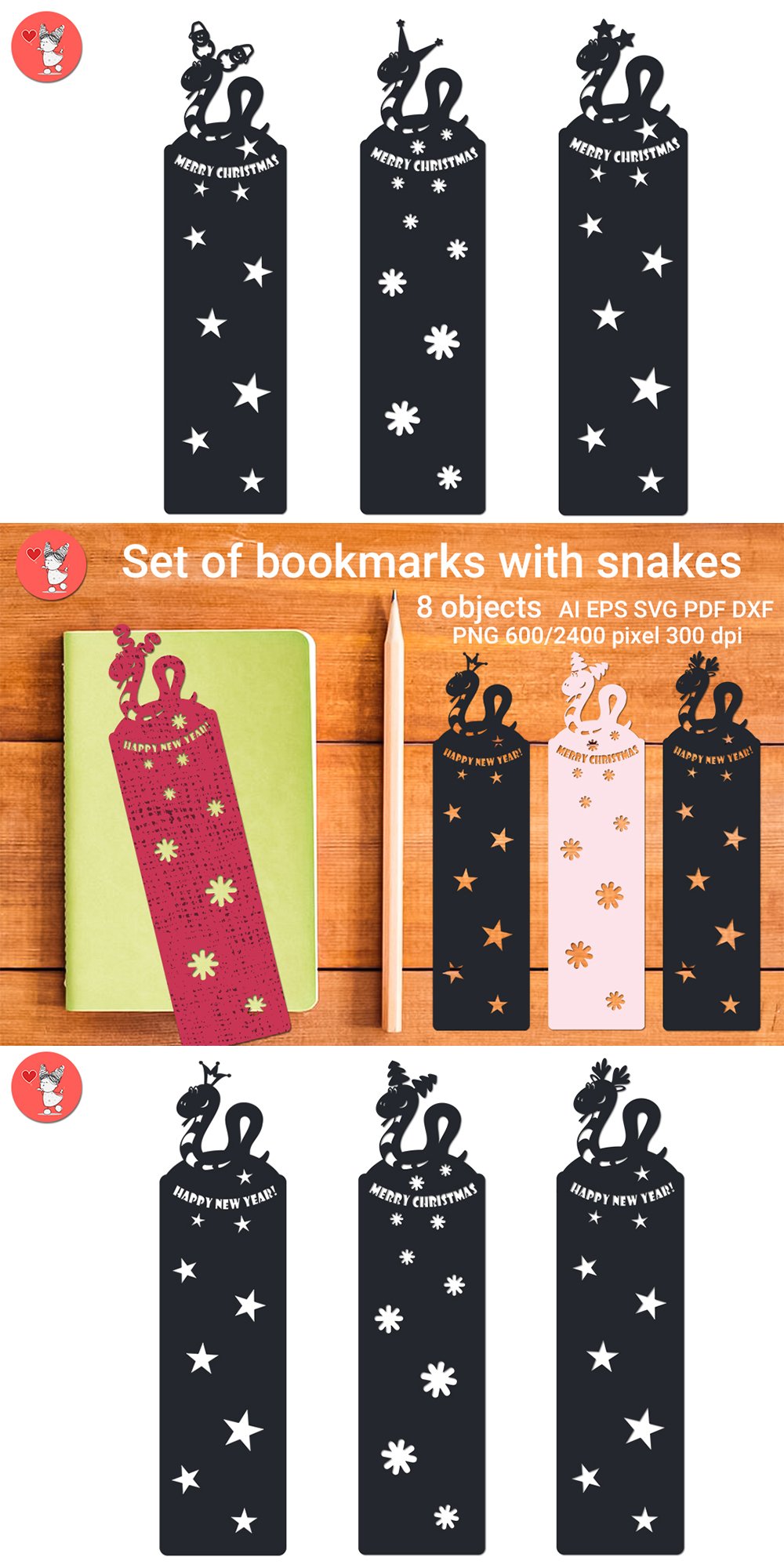Set of bookmarks with snakes for cutting