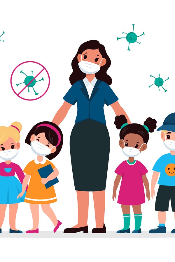 Kids with teacher with masks. Pedagogue and children wearing