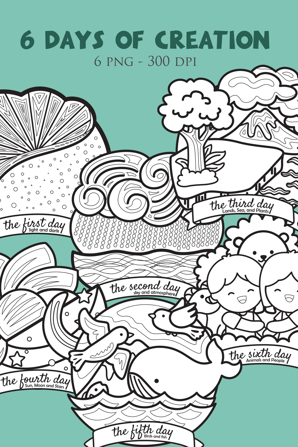 God Bible Story 6 Creations Days Cartoon Digital Stamp Art