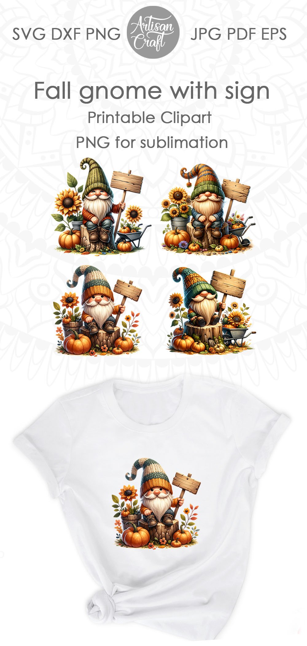 Gnome with sign, fall gnome clipart, thanksgiving gnome PNG