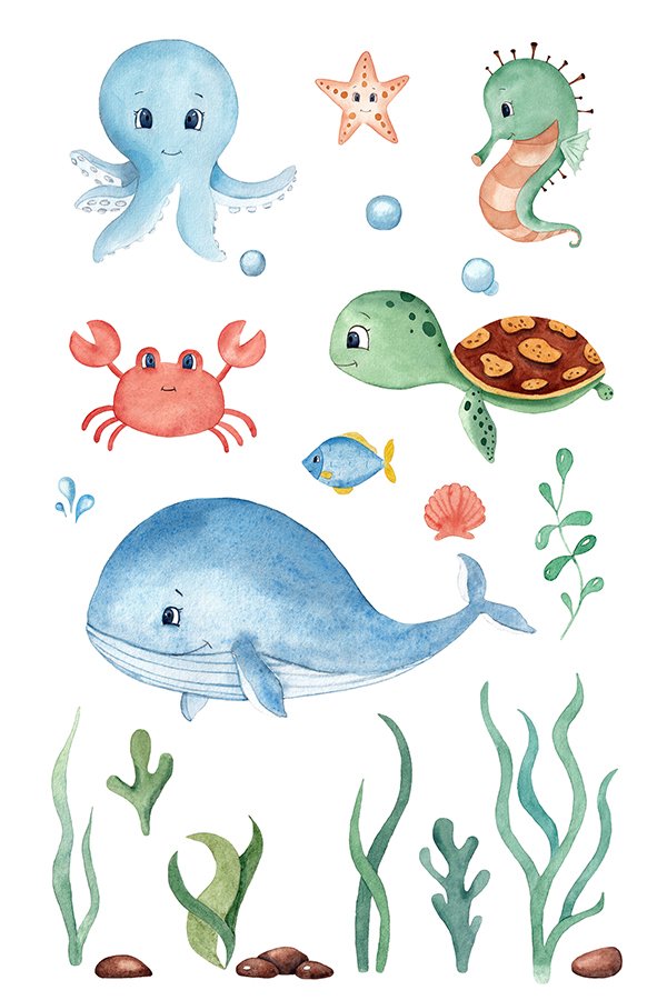 Under the sea. Watercolor Cute underwater (1472319)