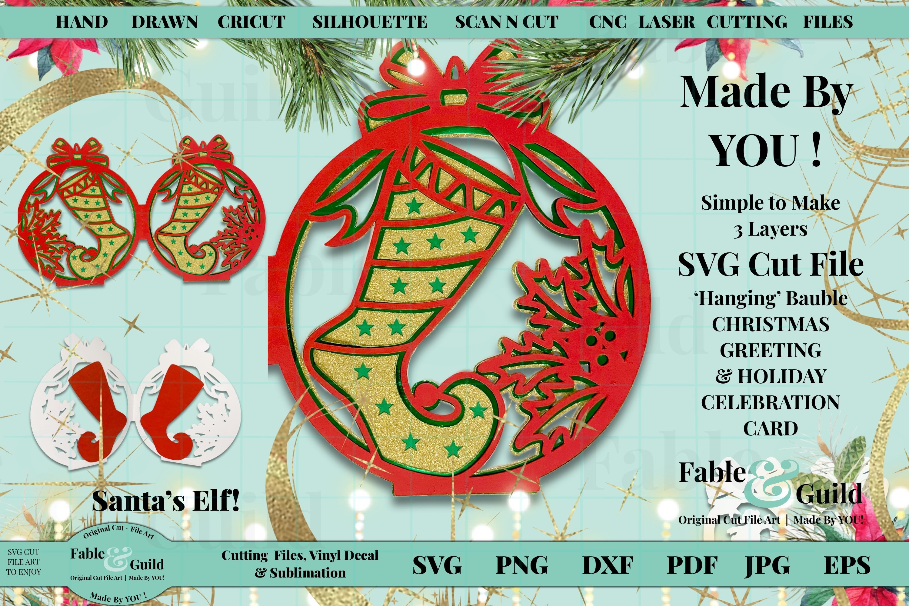 Santas Elf Christmas Card Svg - 3D Layered Bauble Cut File