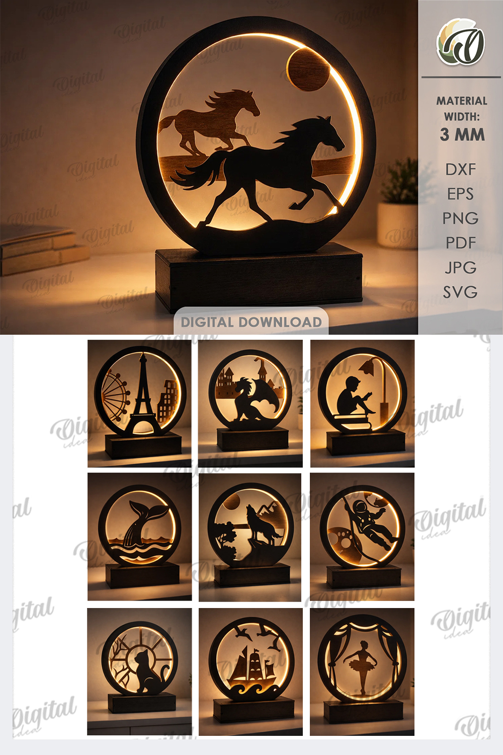 3D Led Night Lamps Bundle Laser Cut. Night Light SVG