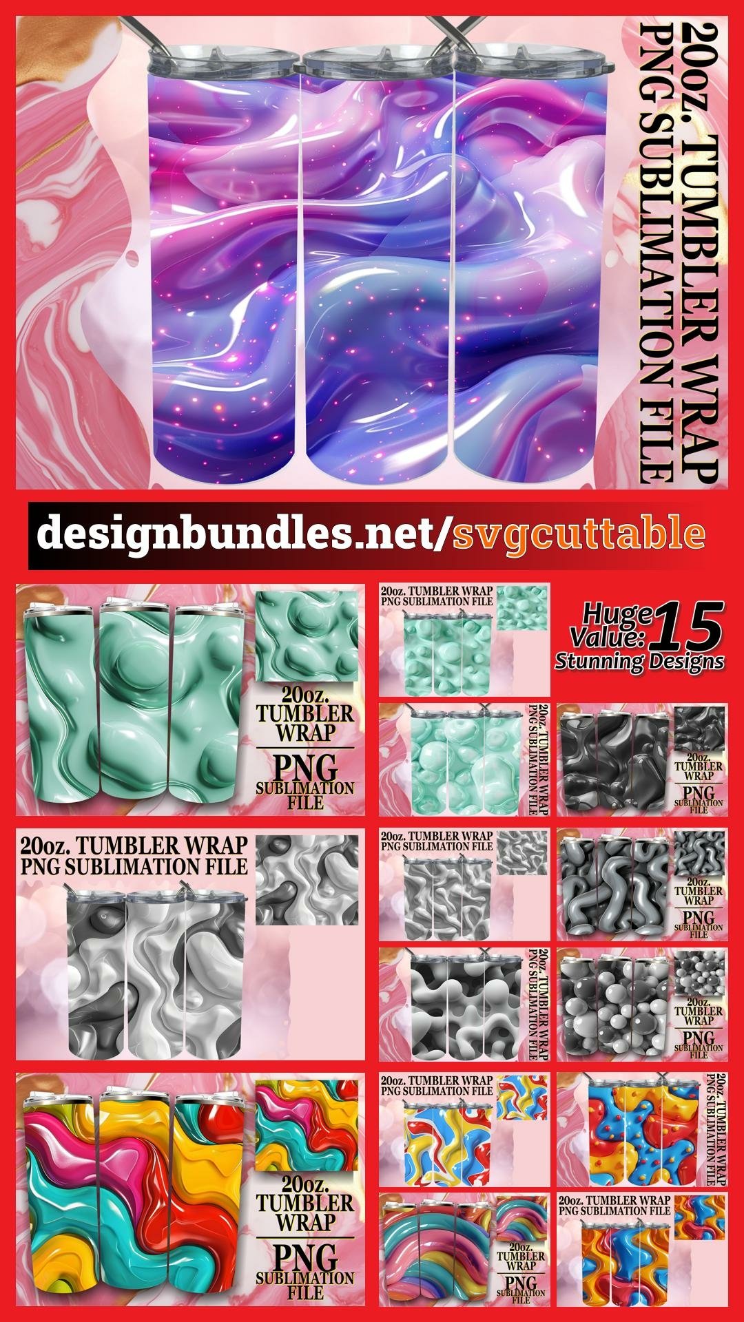 15x 3D Inflated Tumbler Wrap Designs 20oz Bundle, Colorful