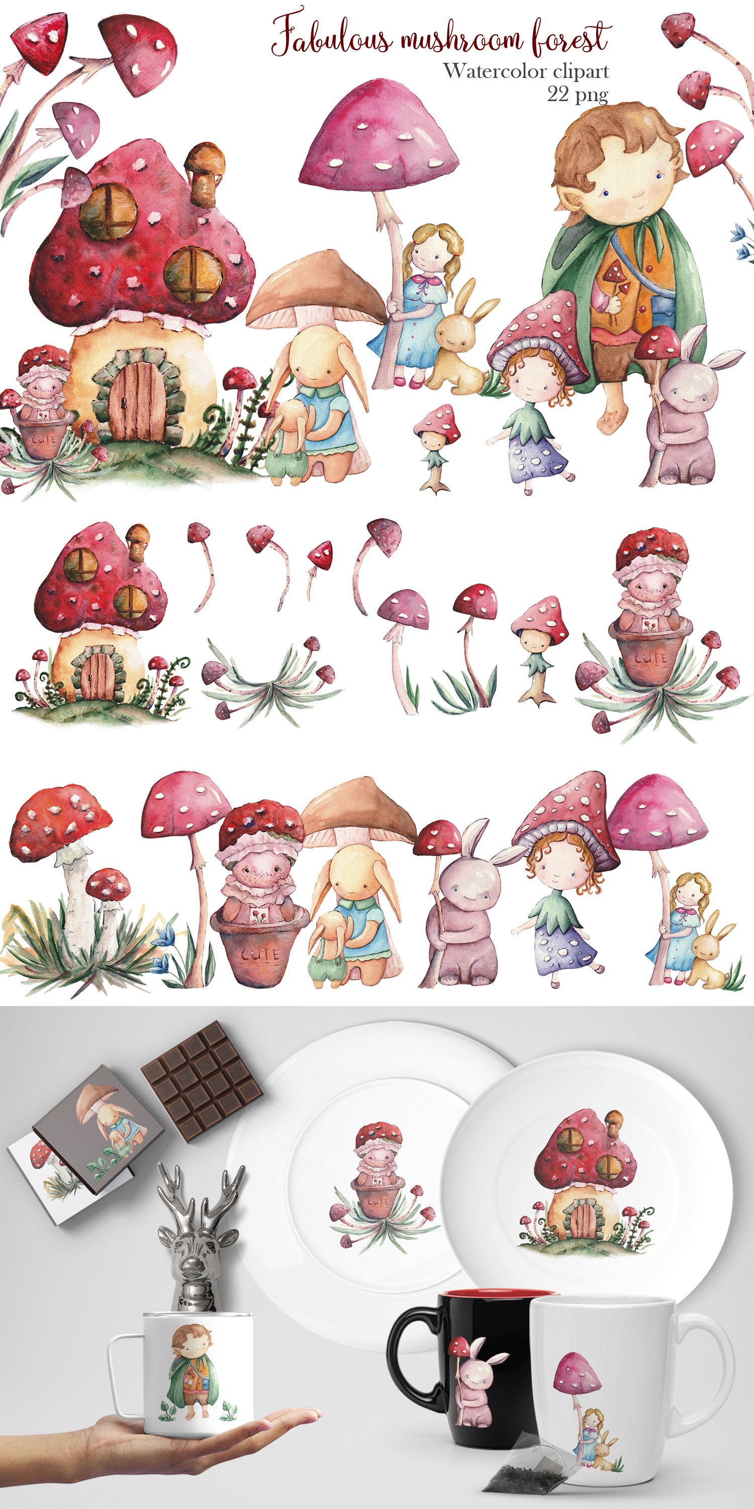 Fairy mushroom forest Watercolor clipart
