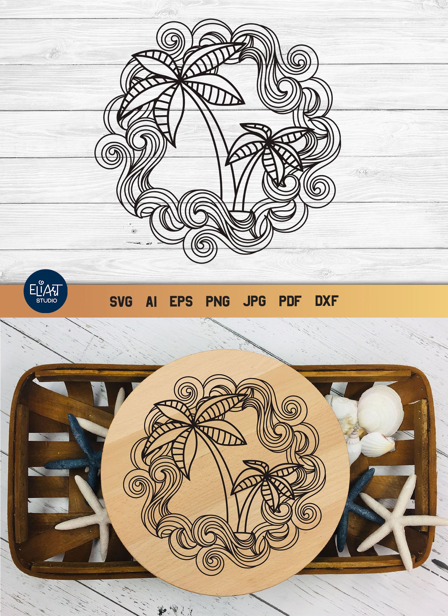 Tropical Island SVG | Palm Tree Design with Ocean Waves