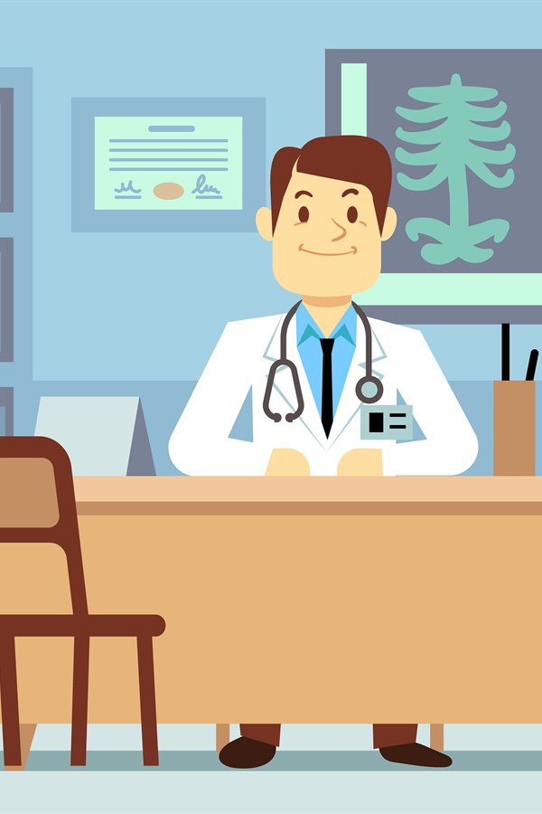 Doctor sitting at the table in medical vector healthcare con