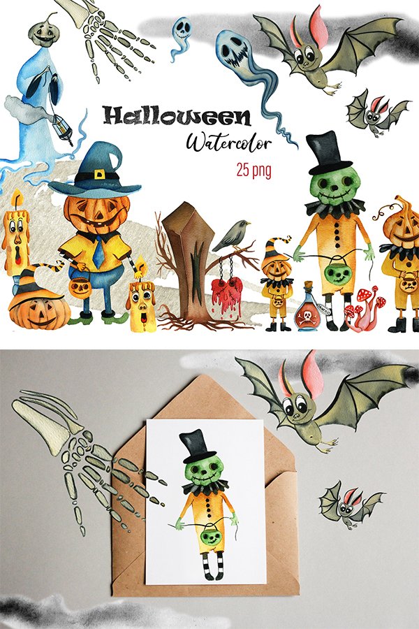 Watercolor halloween monsters collection