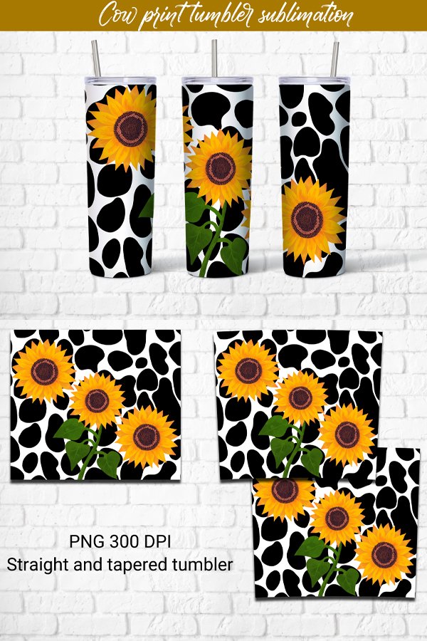 Sunflower cow print tumbler sublimation design wrap 20 Oz