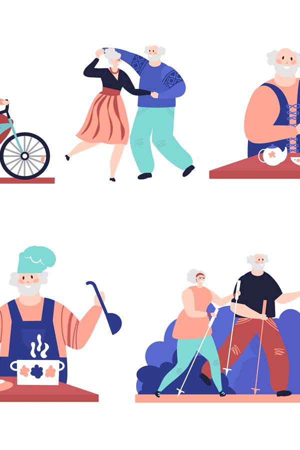 Elderly characters. Old people activities, cartoon seniors c