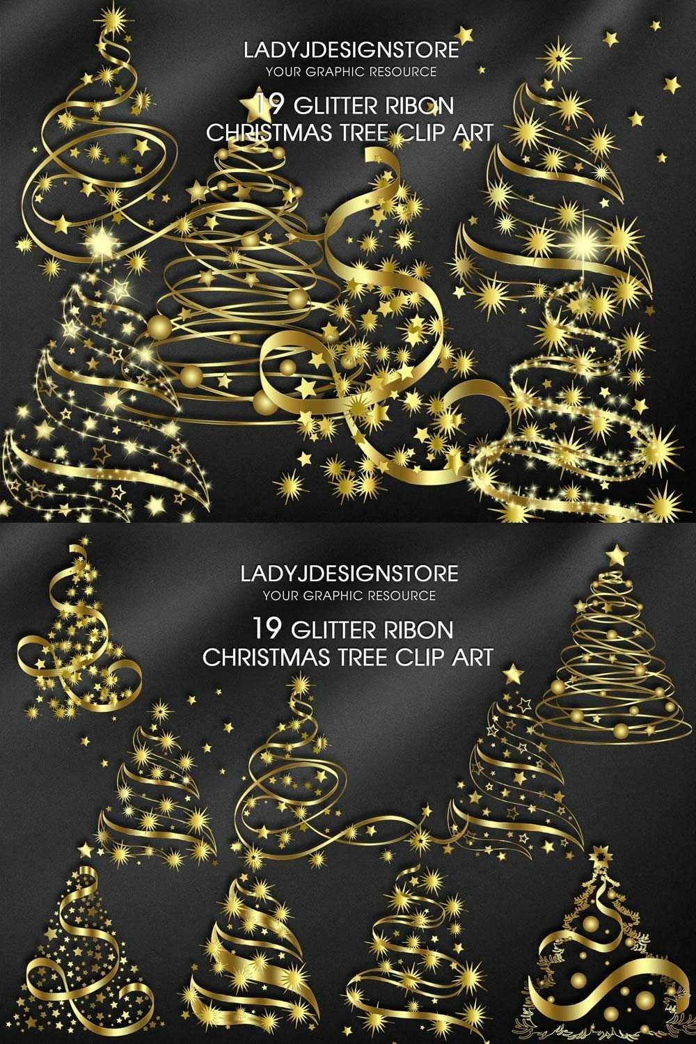 Gold Ribbon Sparkle Christmas Tree Clip Art in PNG format