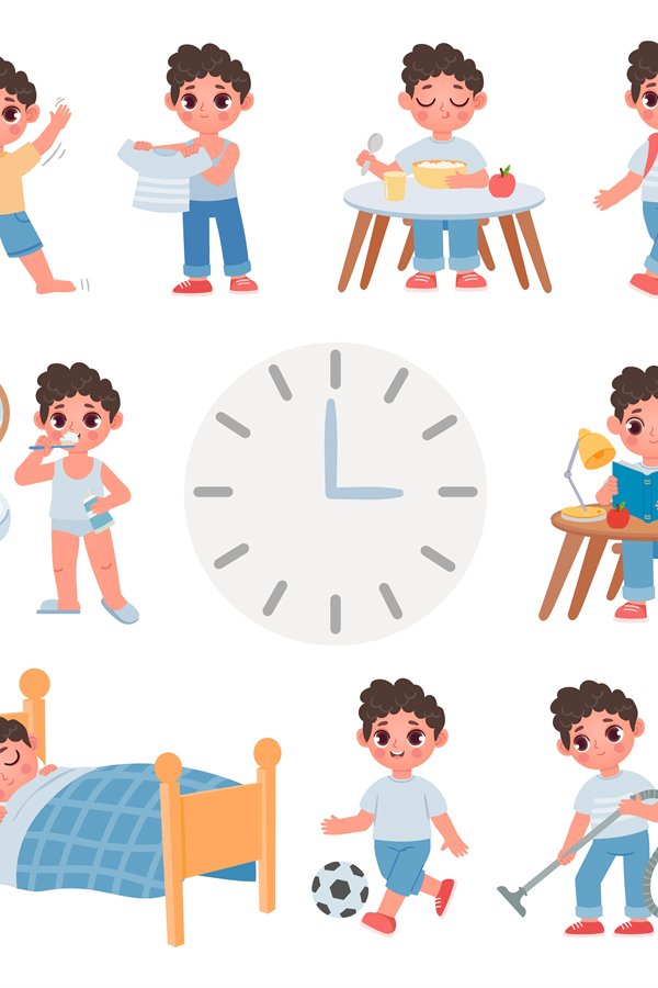 Day routine activity for cartoon school kid boy. Daily sched