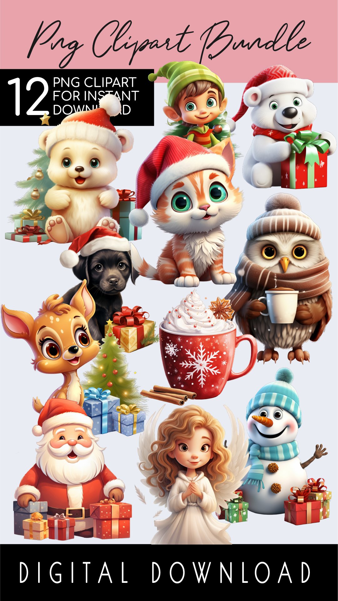 Cute Christmas Animals Clipart Bundle, Sublimation Designs