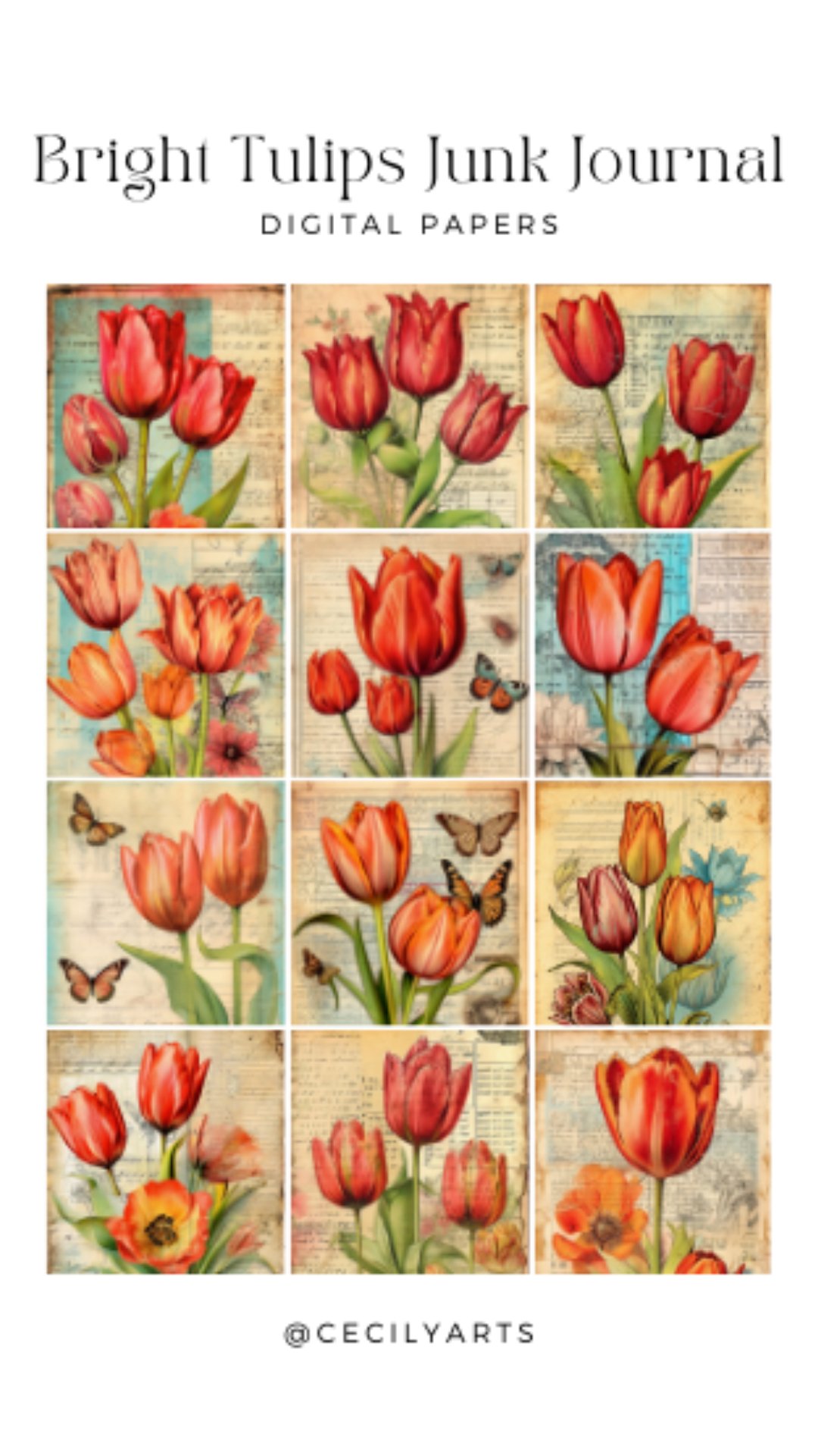 15 Bright Tulips Junk Journal