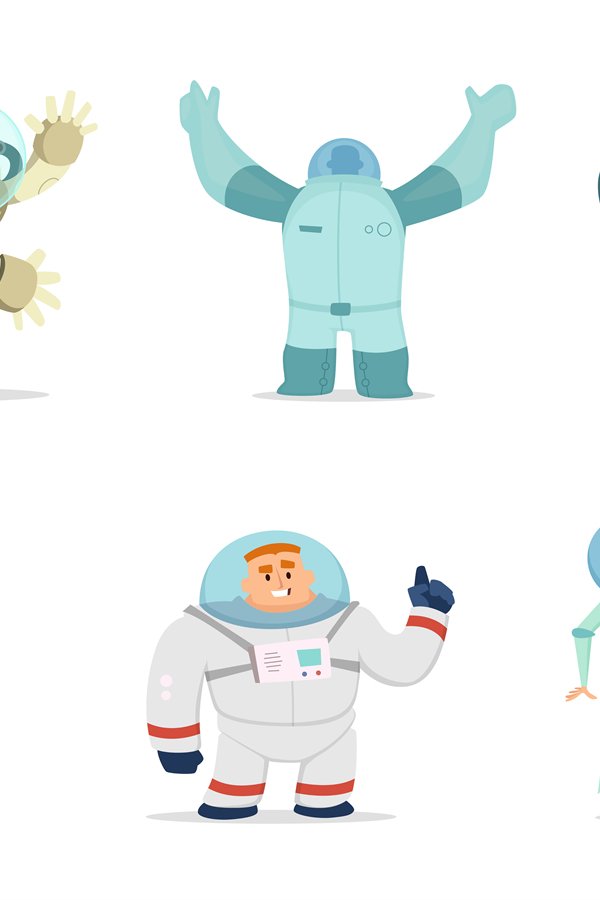 Space characters. Mascots of astronauts in cartoon style