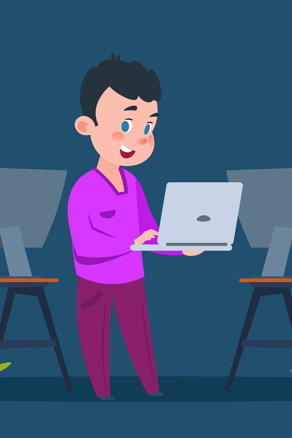 Kids coding at computers. Cartoon character children in comp