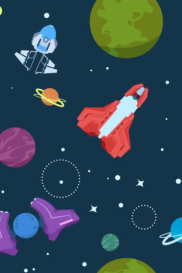 Cartoon space seamless pattern. Alien planets ufo rockets an