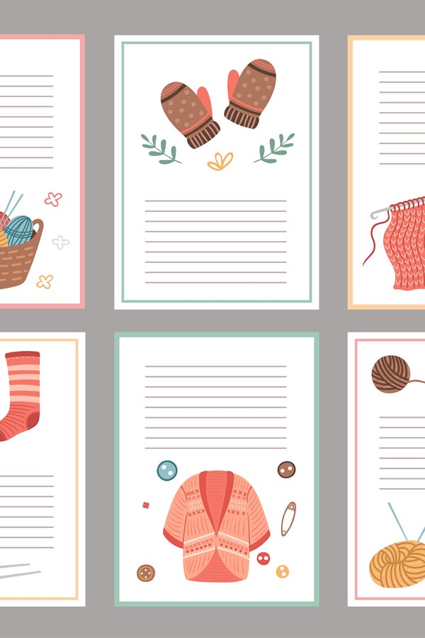 Knitting elements cards. Blank paper notes template, cozy ca