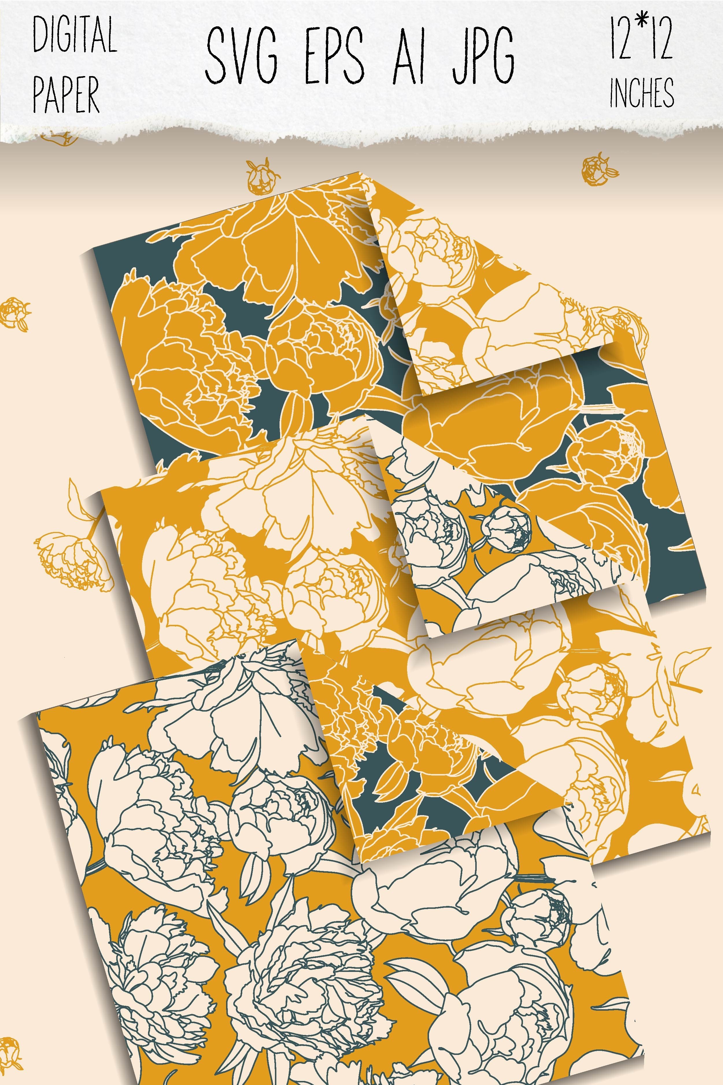 Vector Peonies digital paper 12 inch svg, eps, ai, jpg