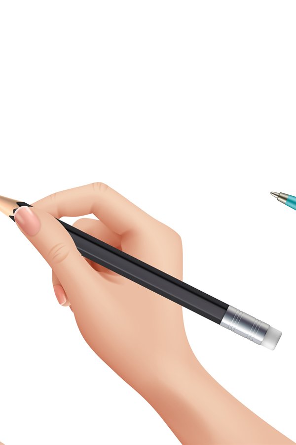 Hand holding stationery. Realistic pen pencil, isolated numa