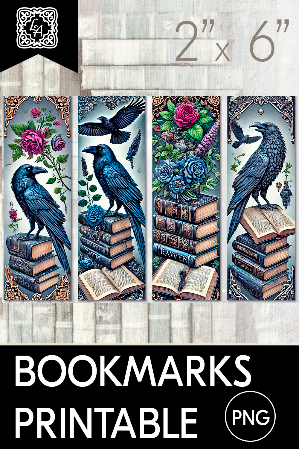 Gothic Raven Printable Bookmark 4 PNG