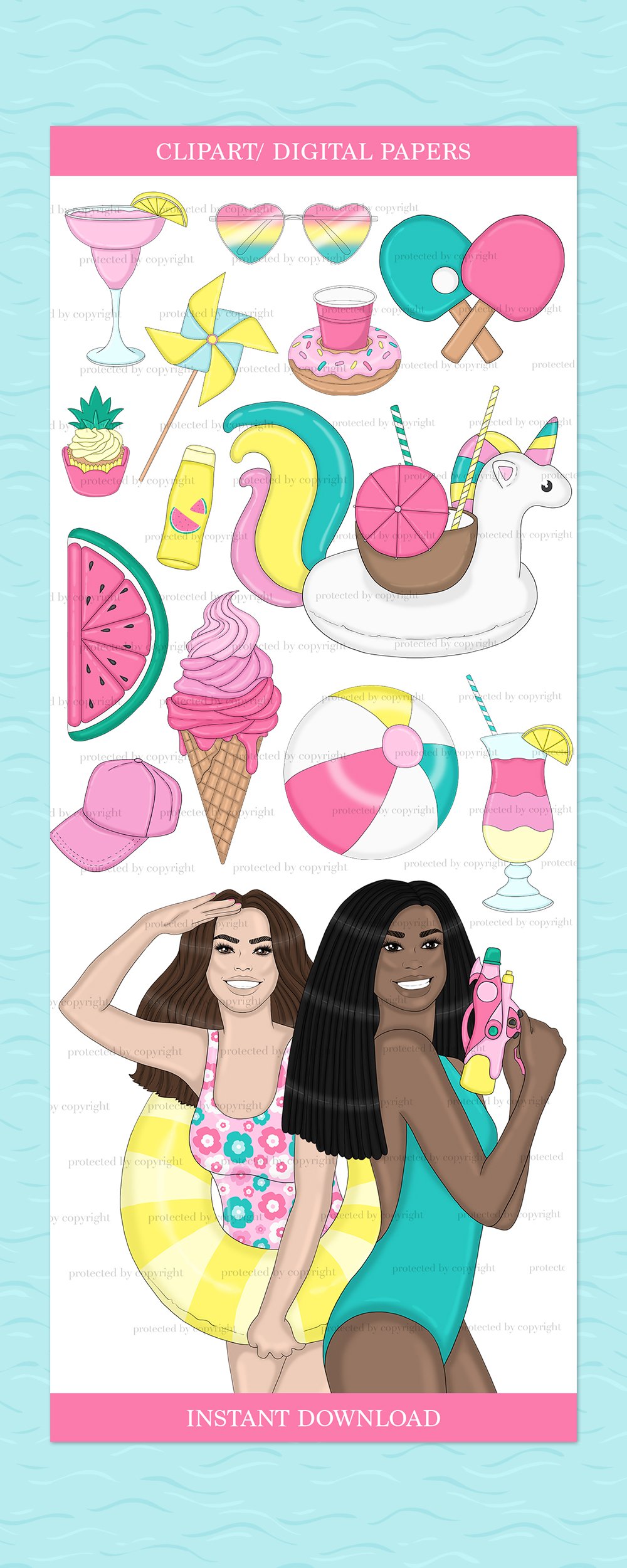 Pool Girl Clipart | Beach Woman Illustration