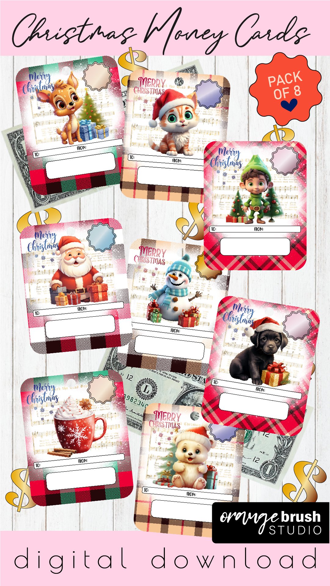 Printable Christmas Money Card Bundle. Money Card Holder PNG