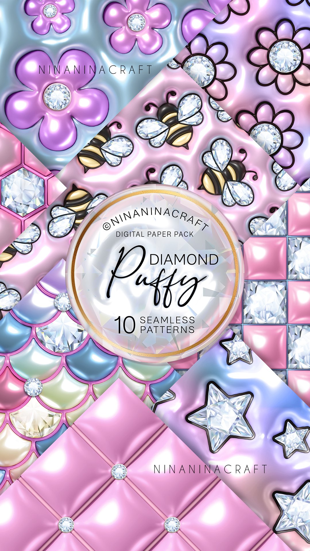 3D Inflated Diamonds Seamless Patterns, Bubble Puffy Bundle