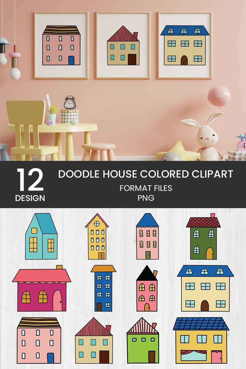 Doodle House Colored Clipart with 12 Variations