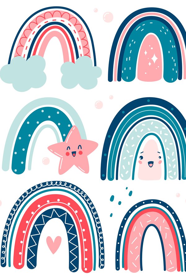 Cute boho rainbows. Kids hand drawn cartoon doodle rainbow s