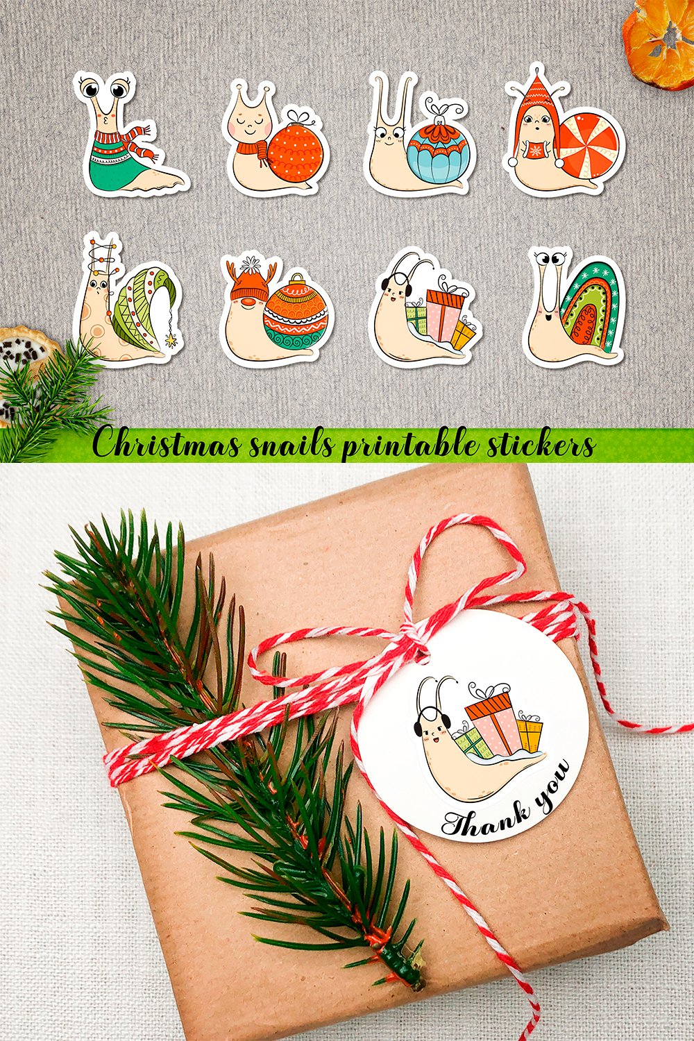 Christmas snails printable stickers. PNG, JPG.