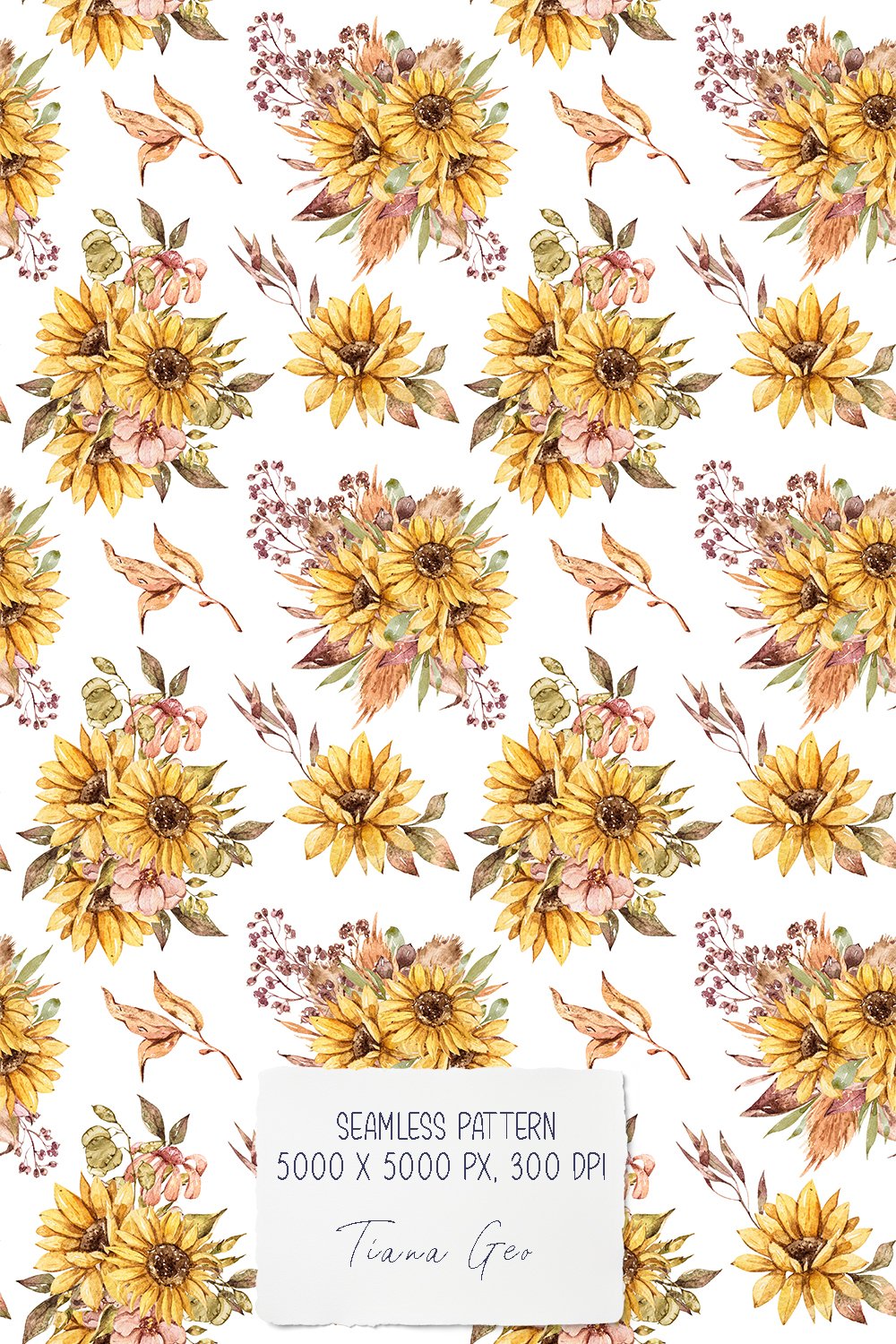Watercolor sunflower seamless patterns. Digital paper pack