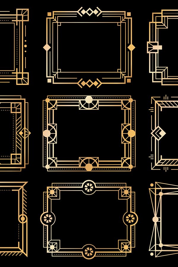 Art deco frames. Gold deco image frame borders, golden geome