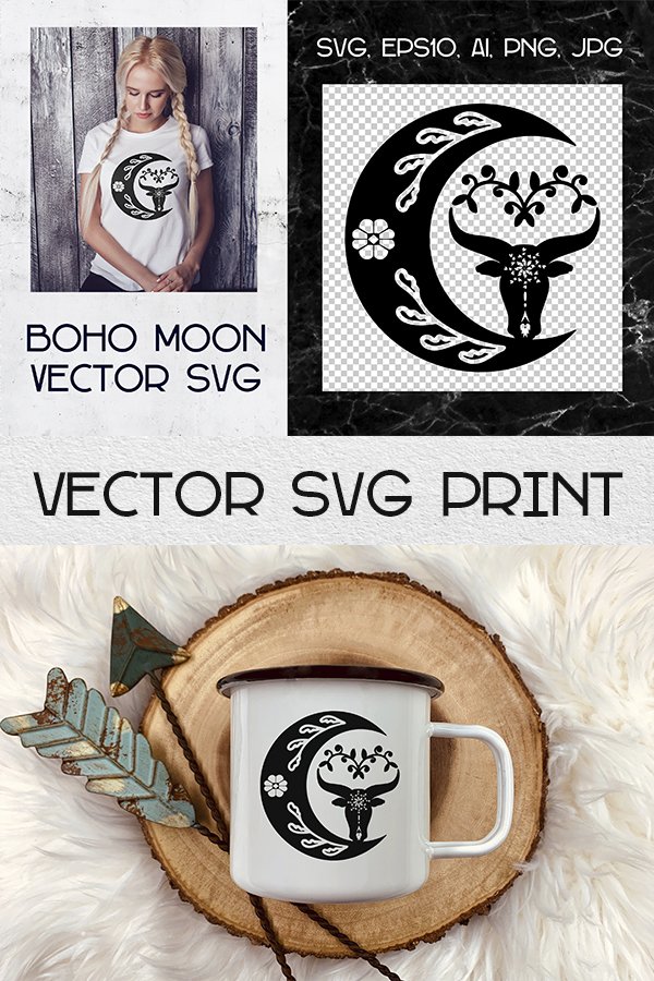 Crescent Moon Designs with a cow's head, magic art SVG