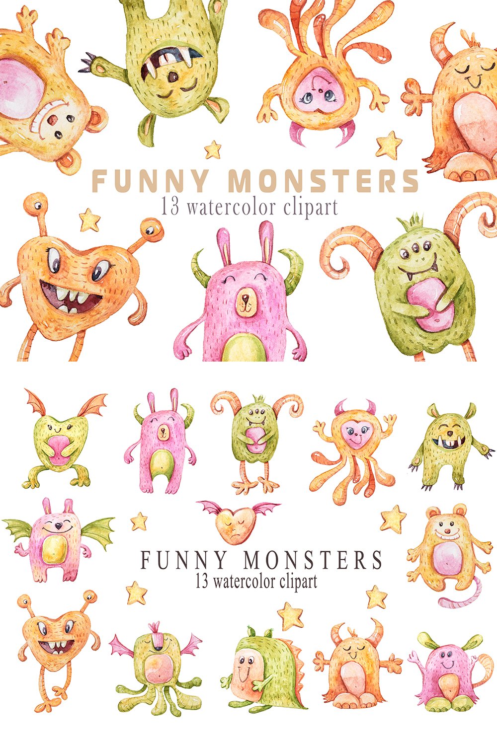 Watercolor monsters clipart. Alien illustration-13 png files