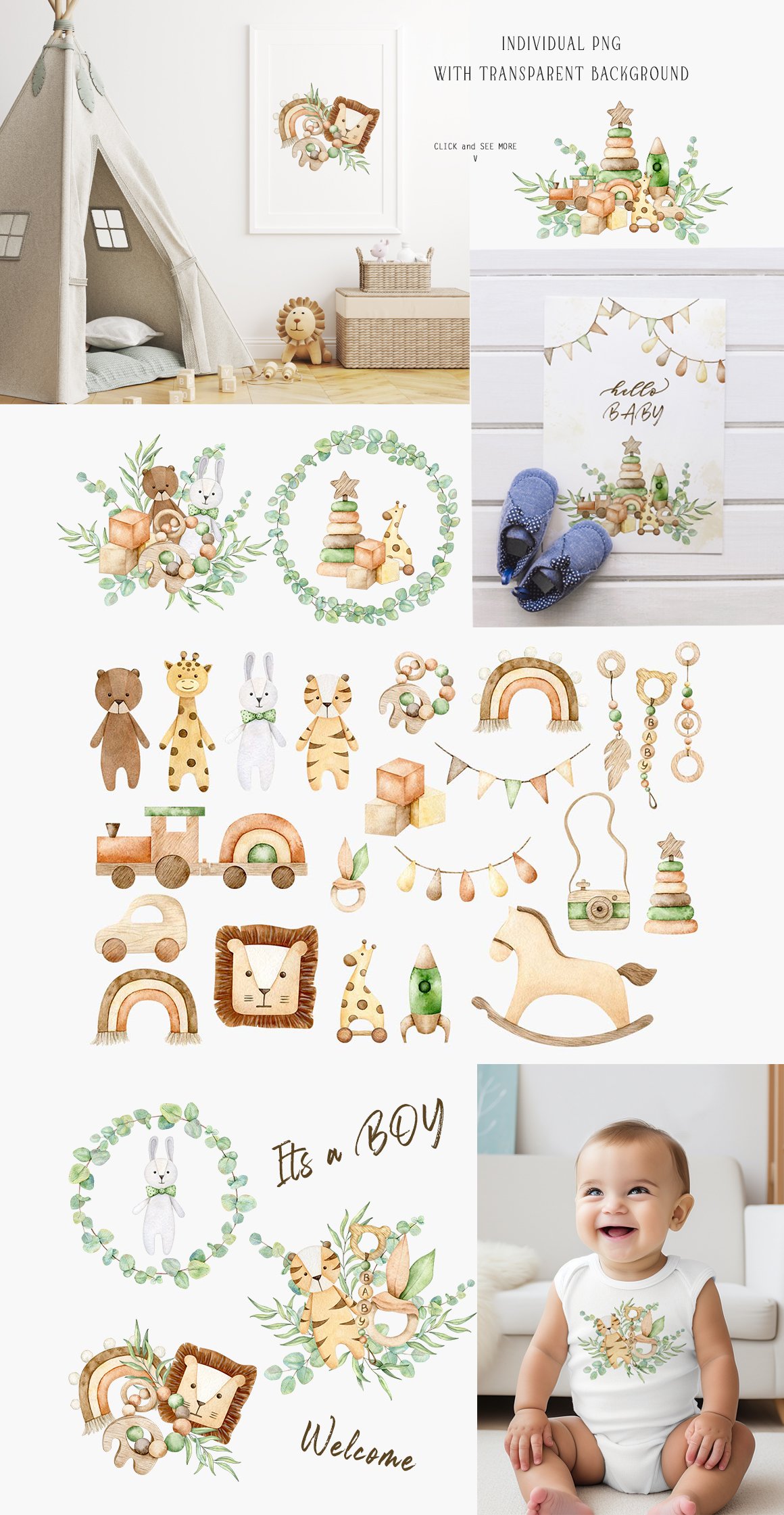 Watercolor Wood baby toys clipart, Eco boho baby (1835598)