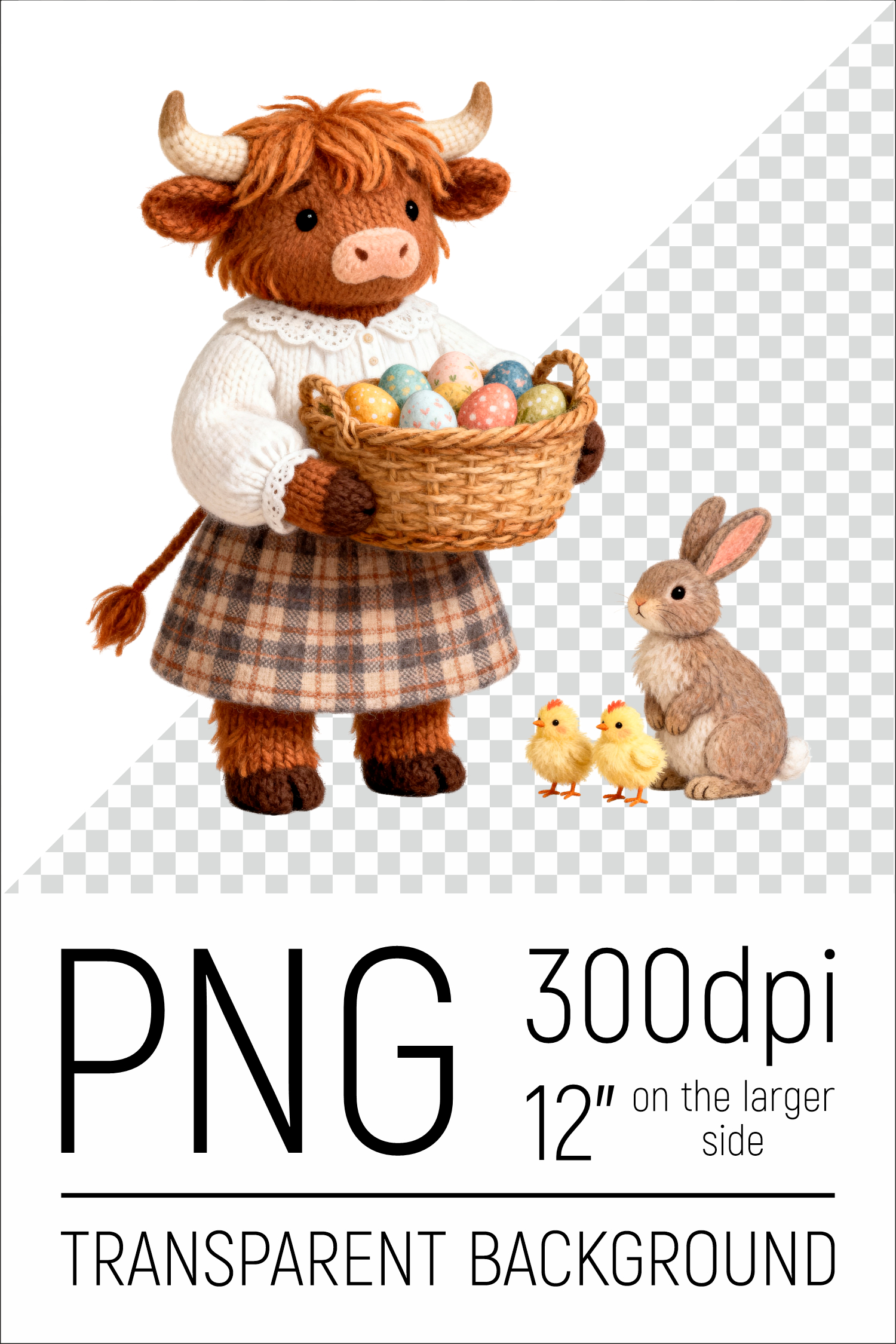 Knitted Cow with Easter Basket and Chicks Clipart
