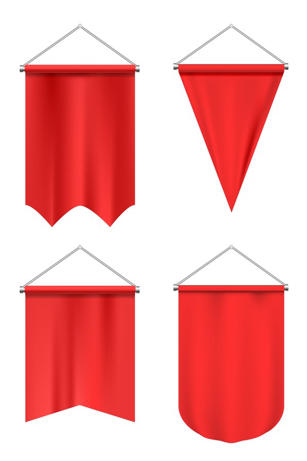 Realistic textile pennants. Empty 3d flags, red fabric