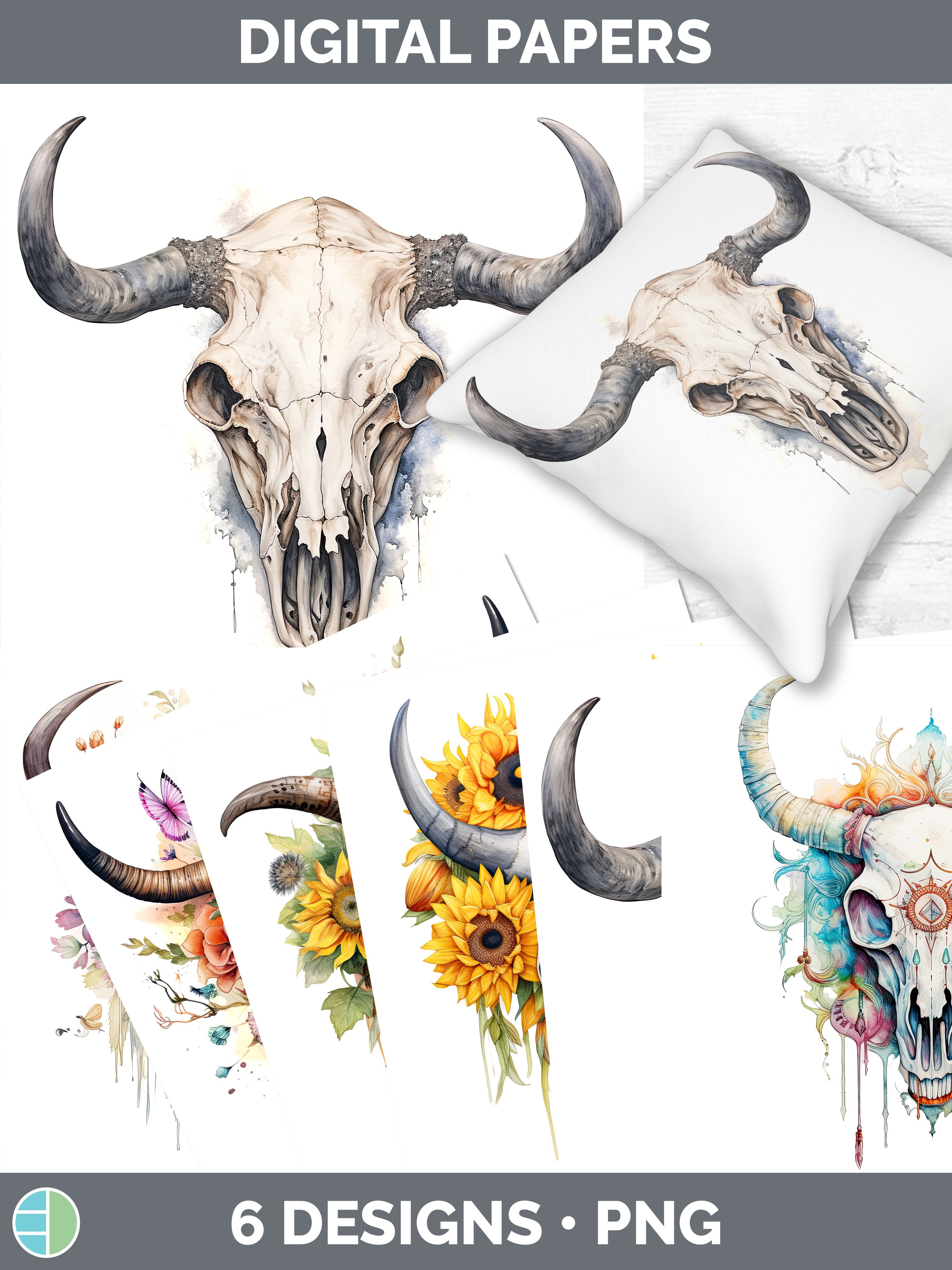 Pretty Cow Skull Paper Backgrounds | Bundle Digital Scrapboo