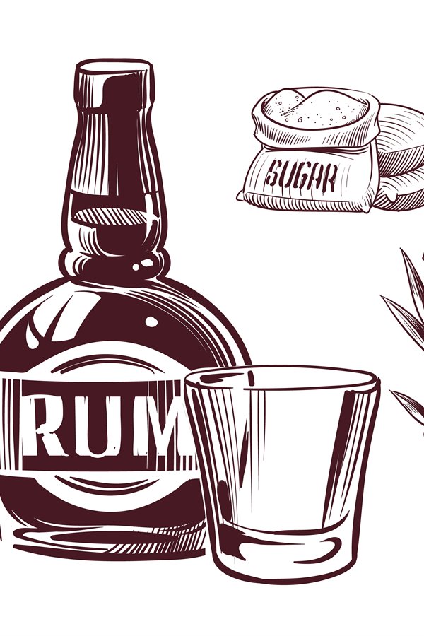 Sketch rum. Retro advertising rum alcohol drink glass and bo