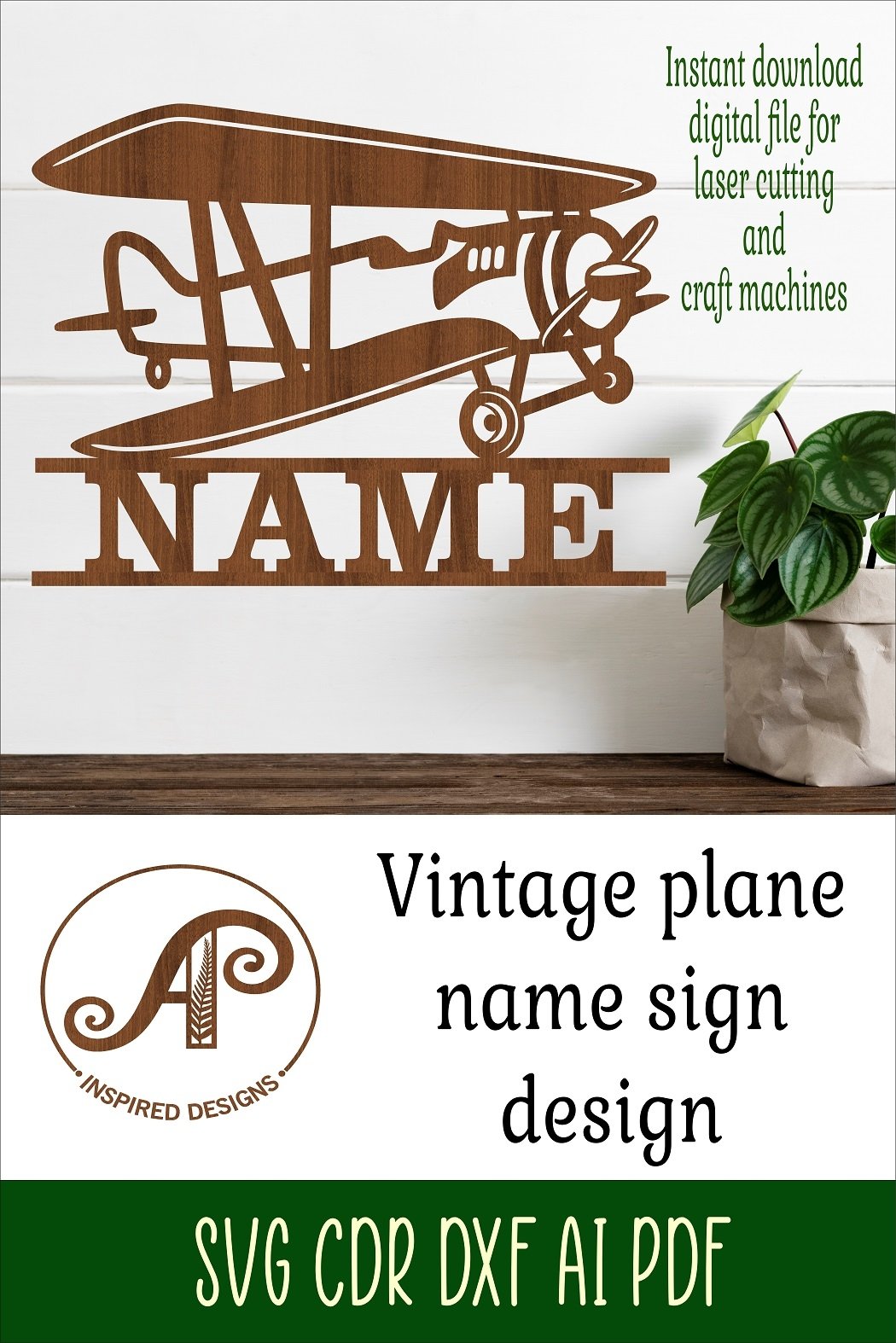 Vintage plane Name sign svg laser cut template, wall art