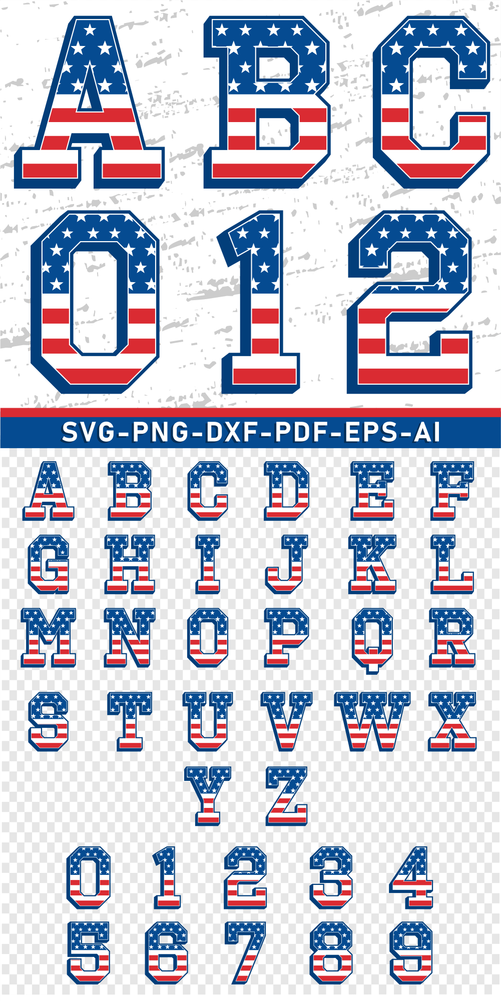 4th July Alphabet PNG, American Flag Letters Doodle Font SVG