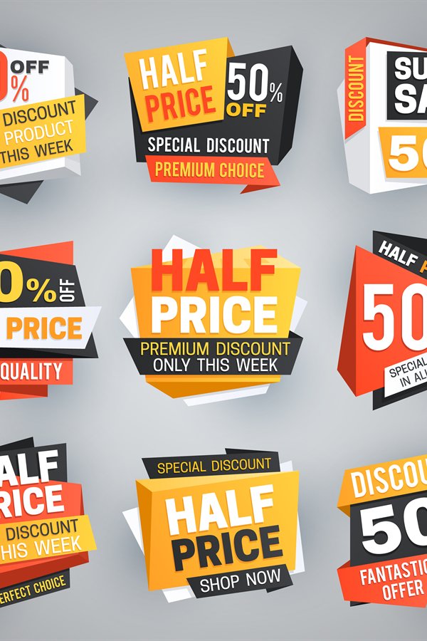 Half price sale tags. Special weekend offer discount, 50 off