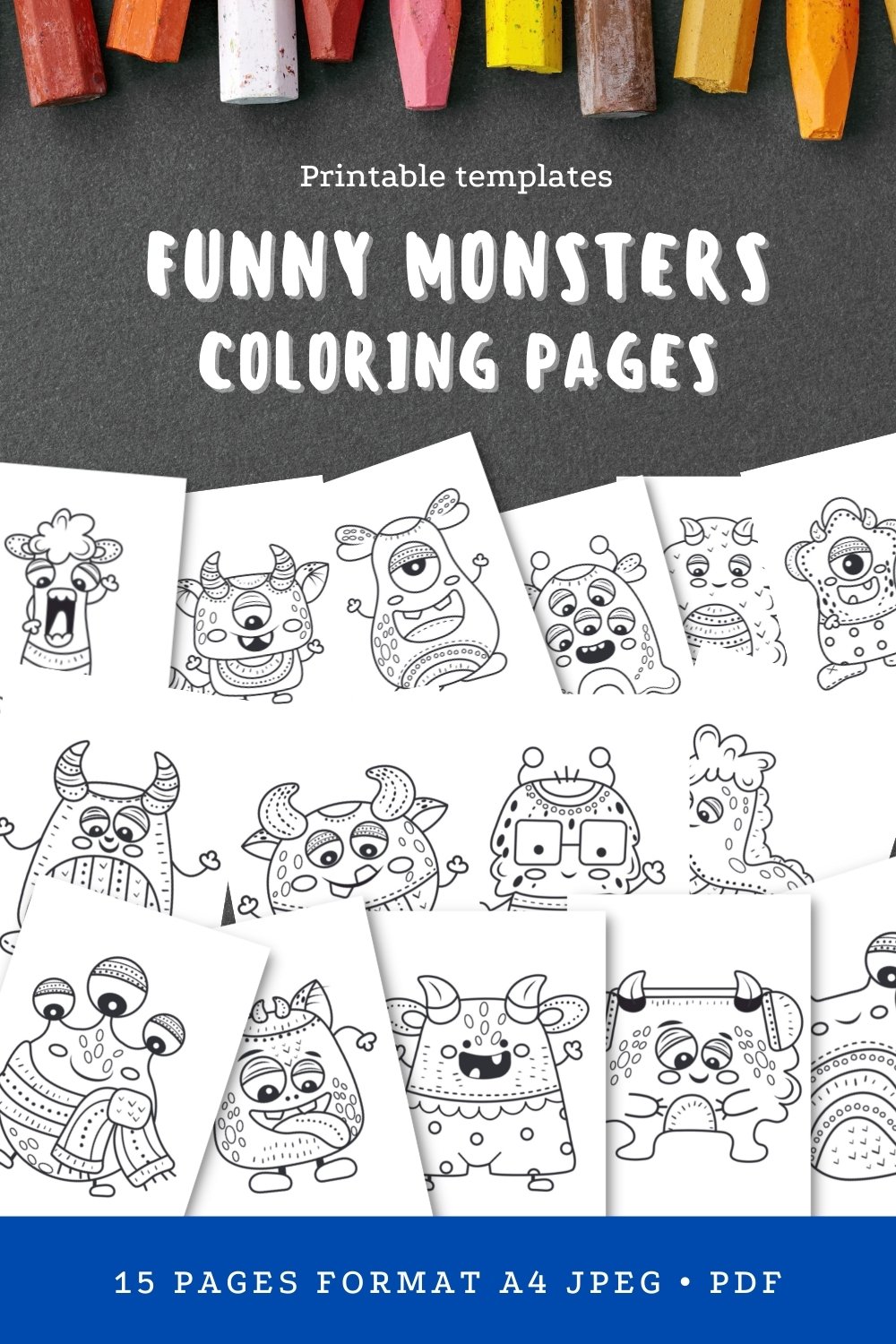 15 coloring pages with funny monsters