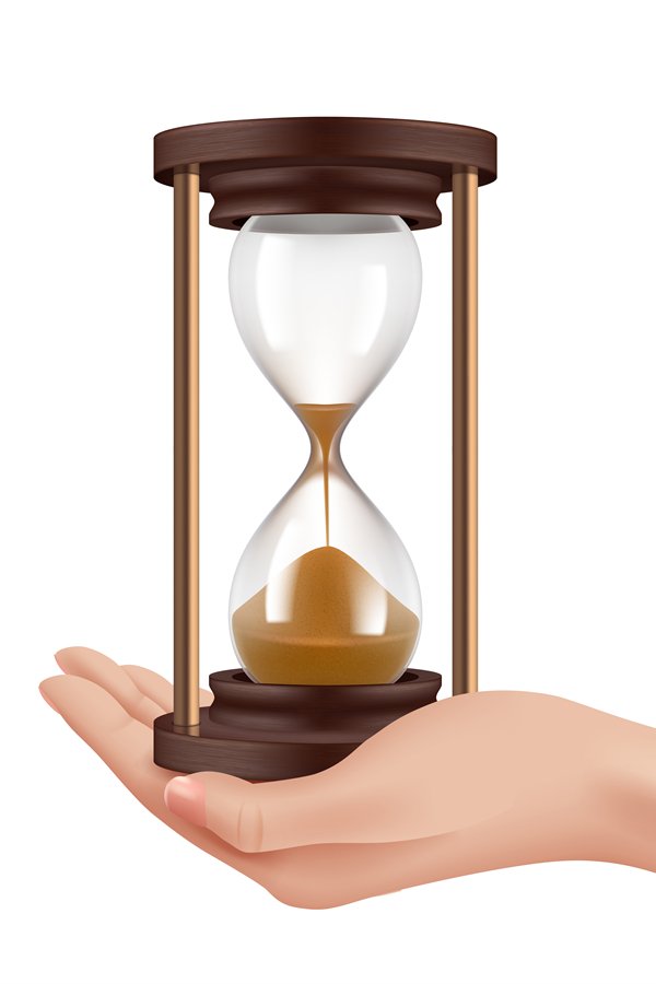 Sand watches in hand. Time management concept realistic hand