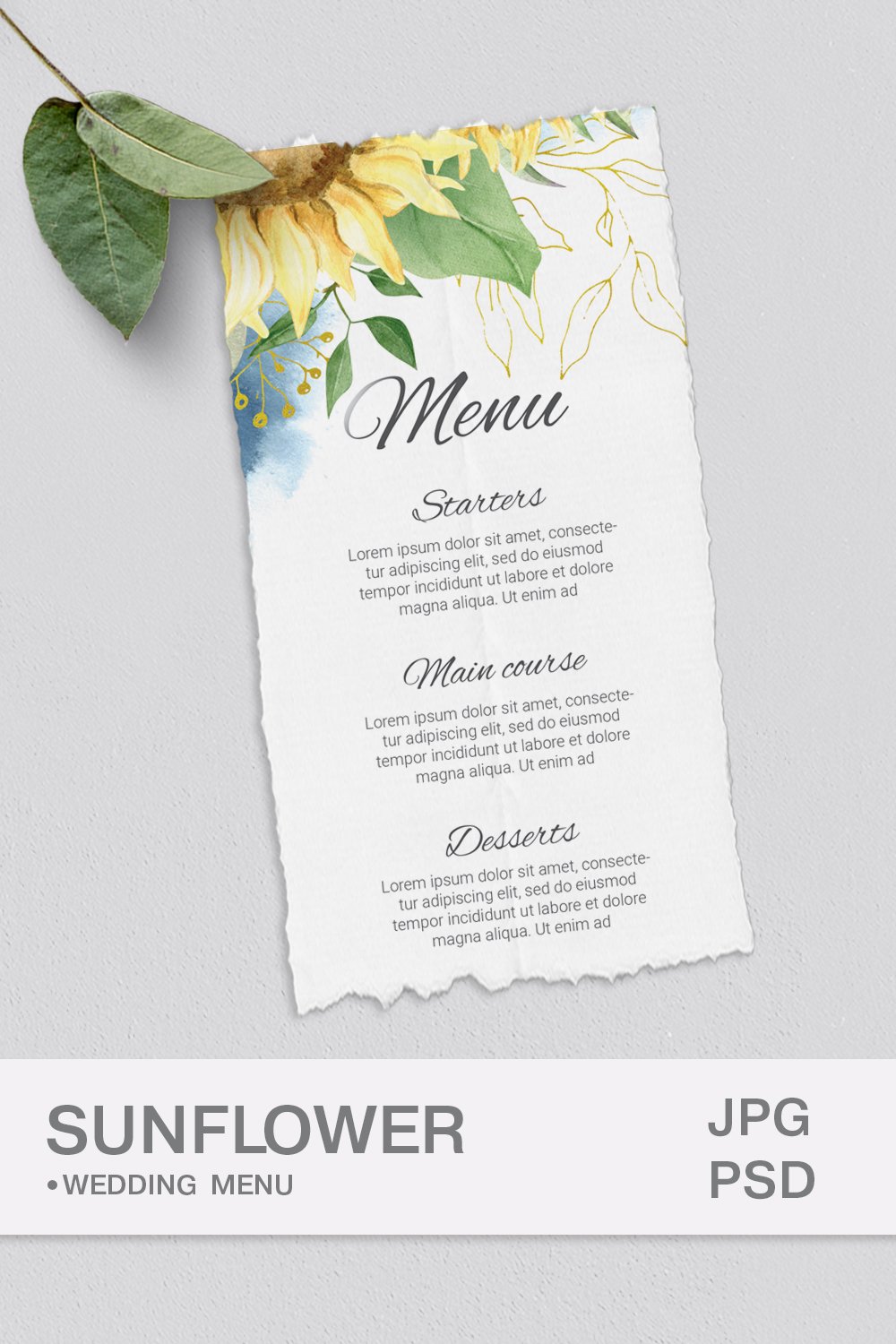 Sunflower Wedding Menu card. Editable template