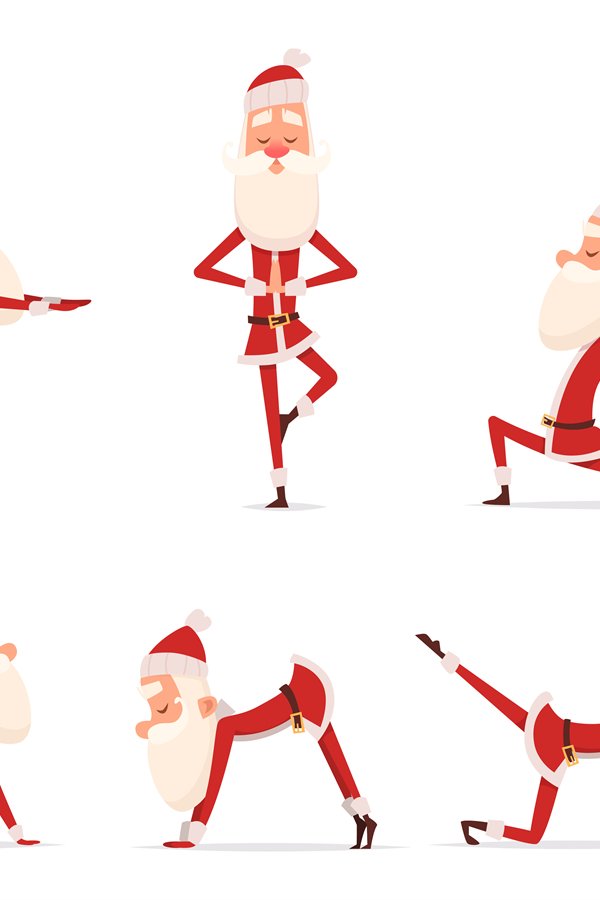 Santa yoga poses. Christmas winter holiday sport healthy cha
