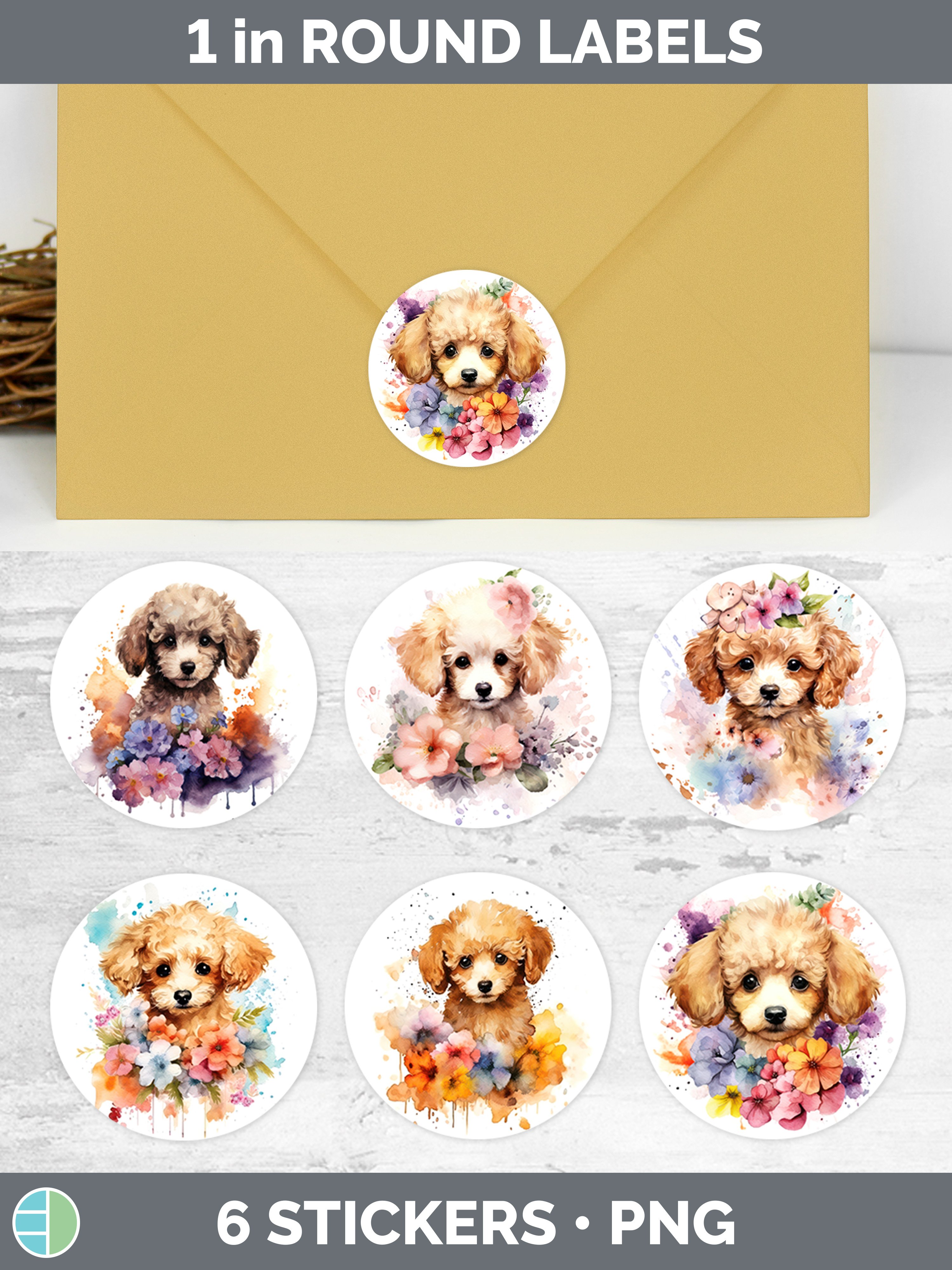 Watercolor Poodle Dog Stickers | Round Labels Designs Bundle