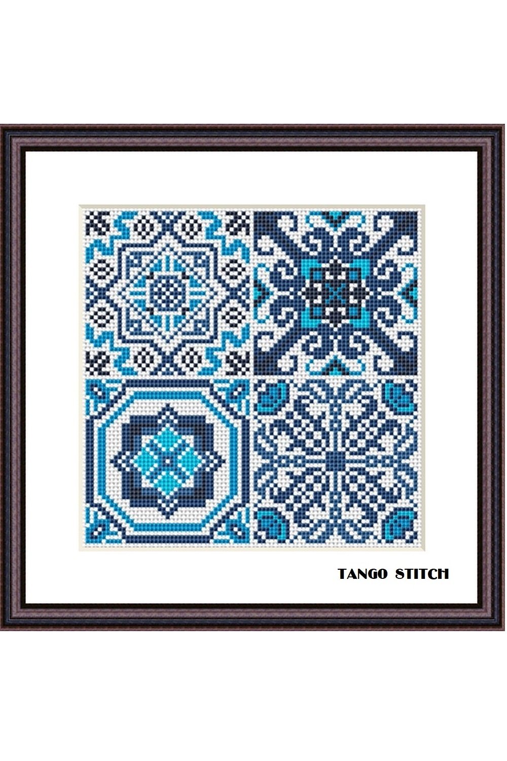 Blue ceramic tiles cross stitch ornaments hand embroidery